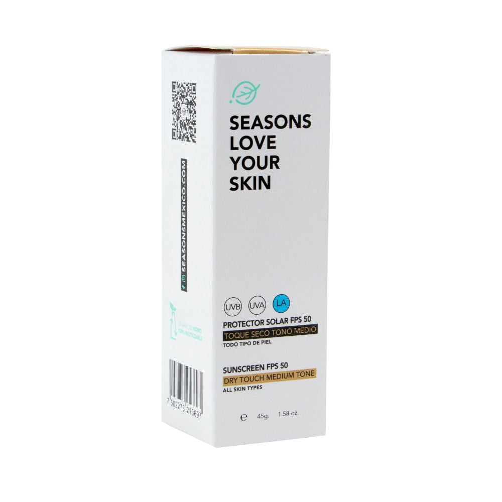 Protector Solar FPS 50 Toque seco, Tono medio – Seasons Love Your Skin